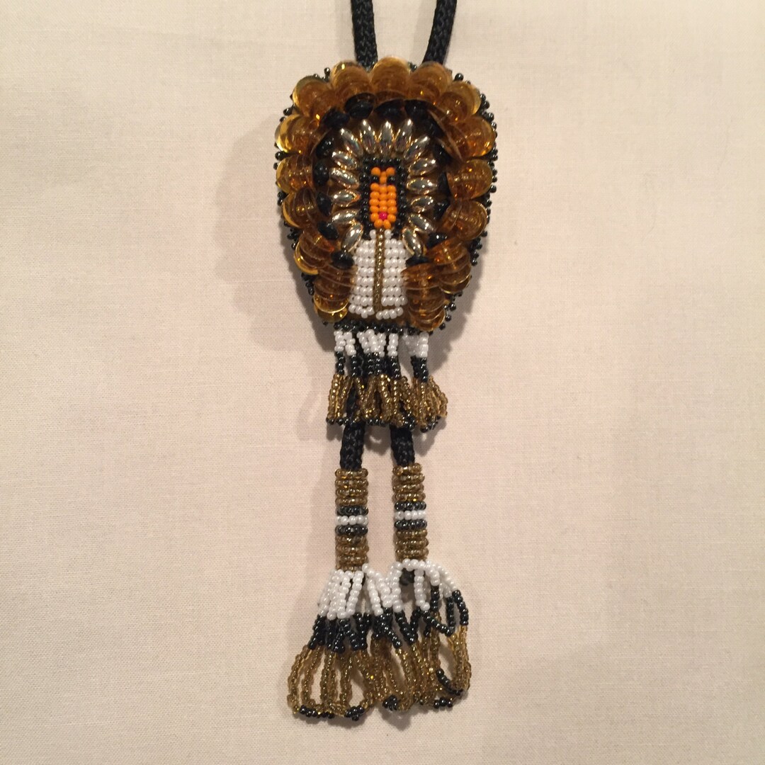 Hand Beaded Native American Bolo With Amber Headdress Leather Back CA ...