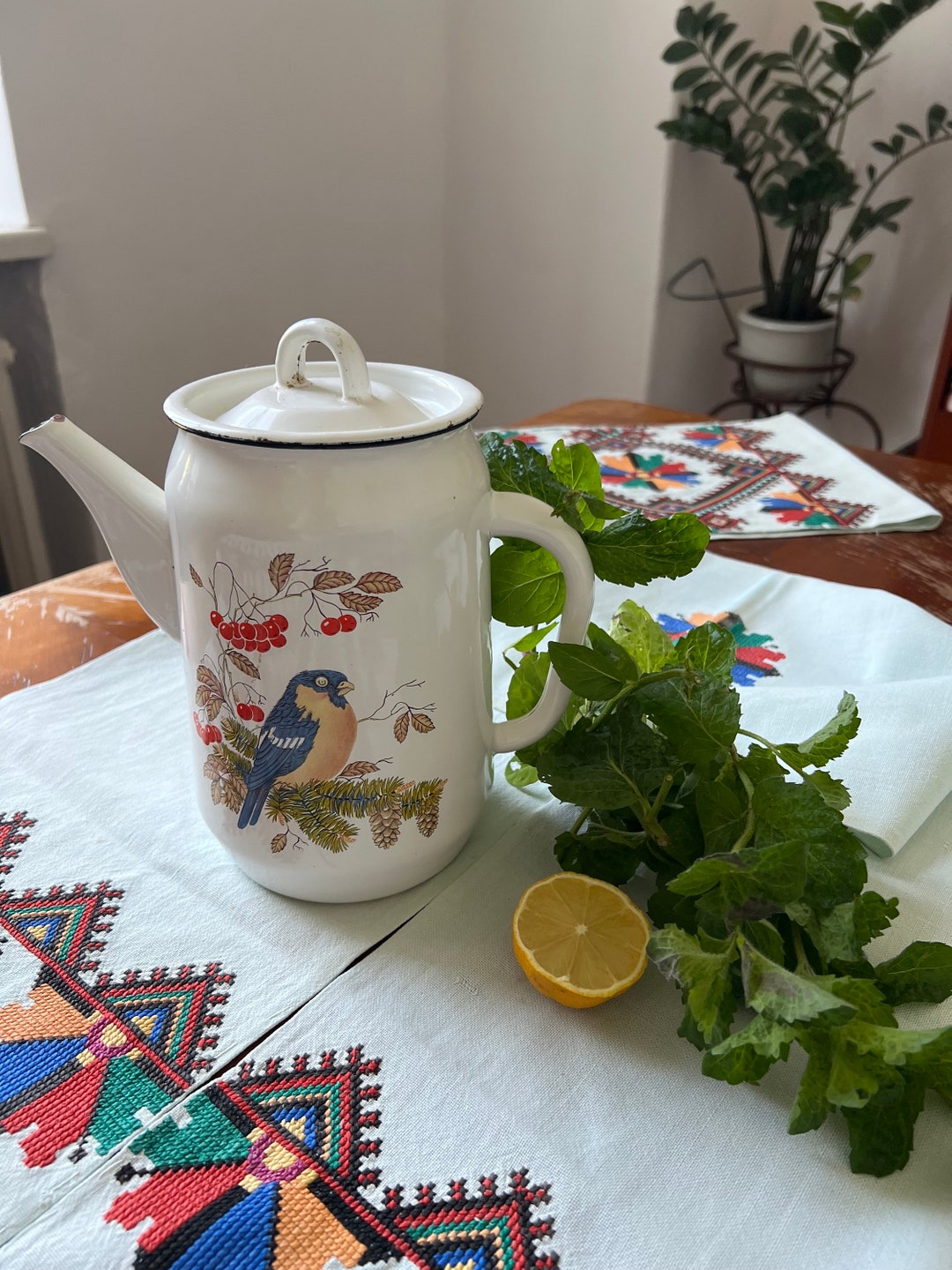 Vintage Soviet Enamel Tea Kettle Enamelled Teapot Cafetiere Coffee Pot ...