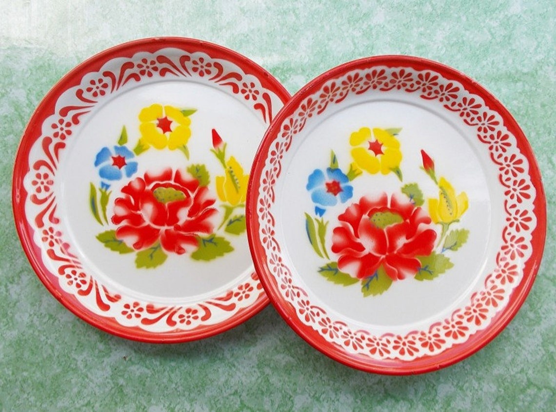 Plates Thai Enamel Ware Zinc Tray Dish 2 Set Pcs 15" Pan Vintage ...