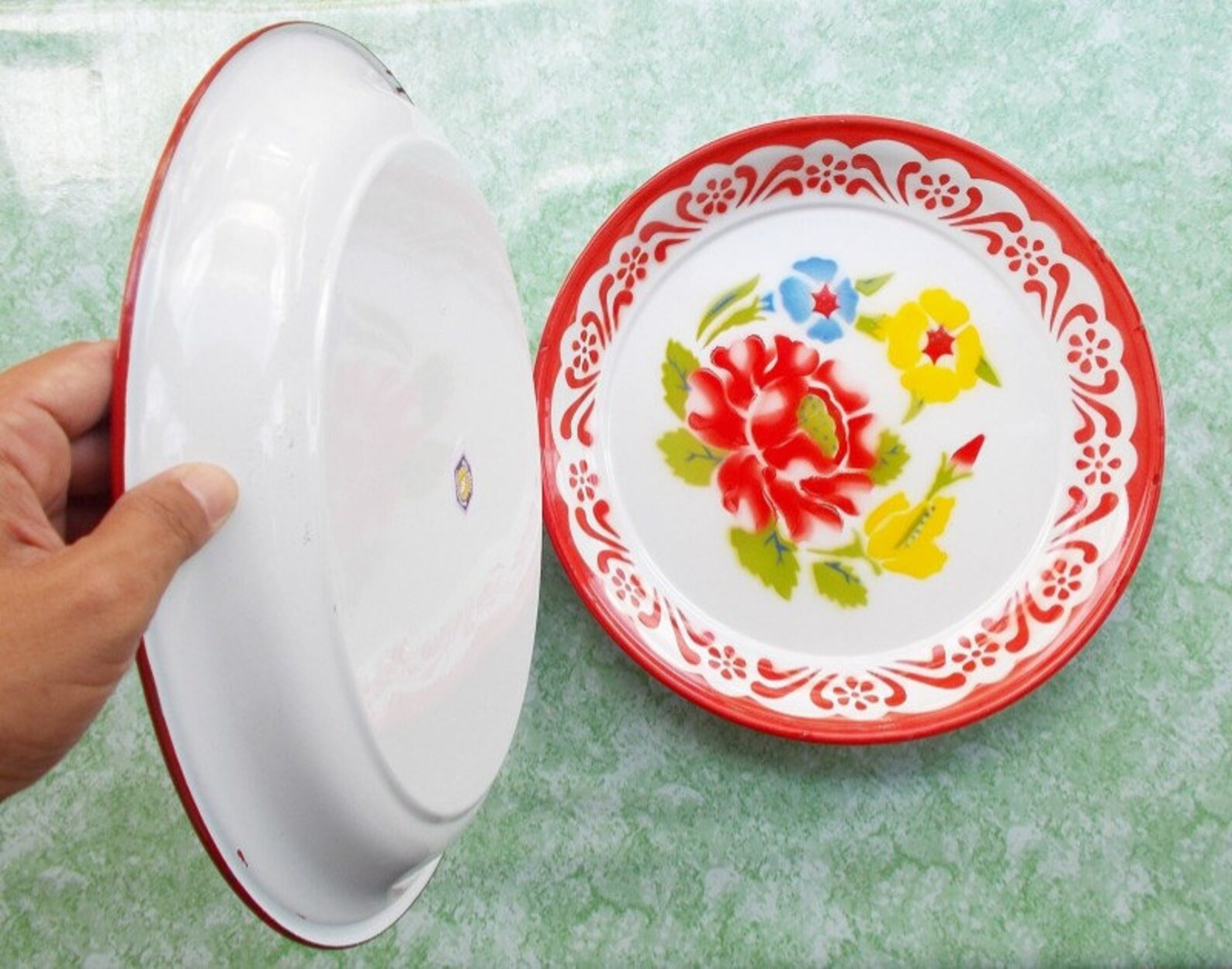 Plates Thai Enamel Ware Zinc Tray Dish 2 Set Pcs 15" Pan Vintage ...