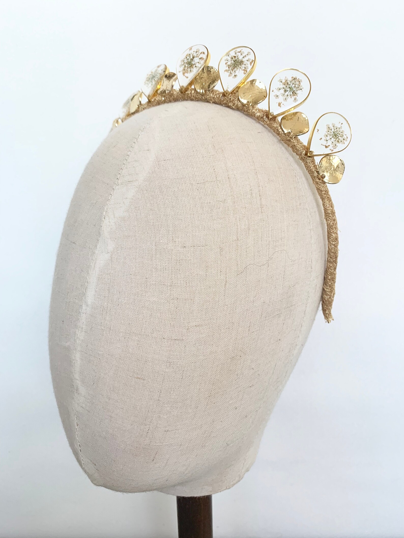 Gold Crown Fascinator Headpiece With White Pressed Flowers and - Etsy ...