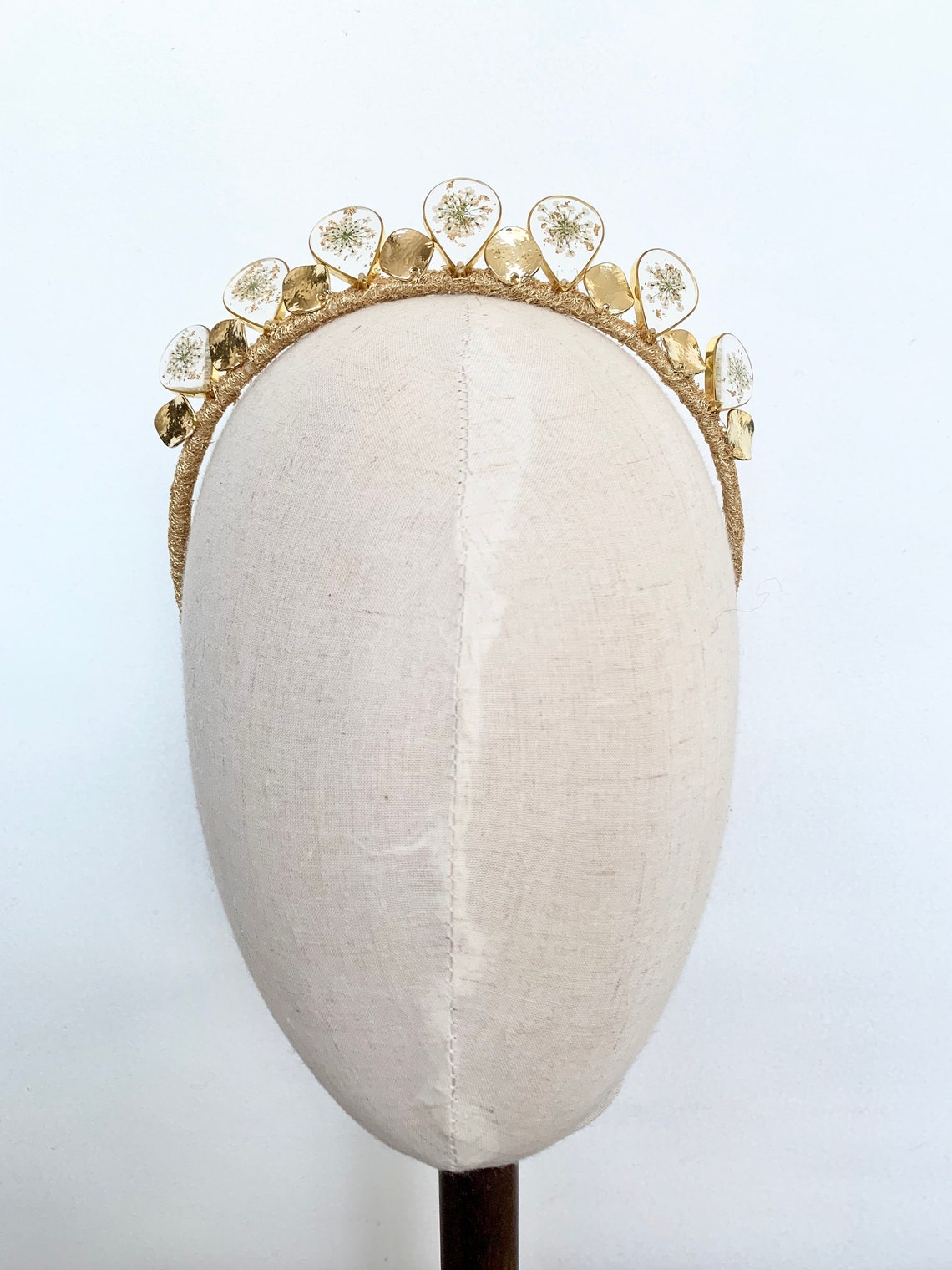 Gold Crown Fascinator Headpiece with White Pressed Flowers and | Etsy