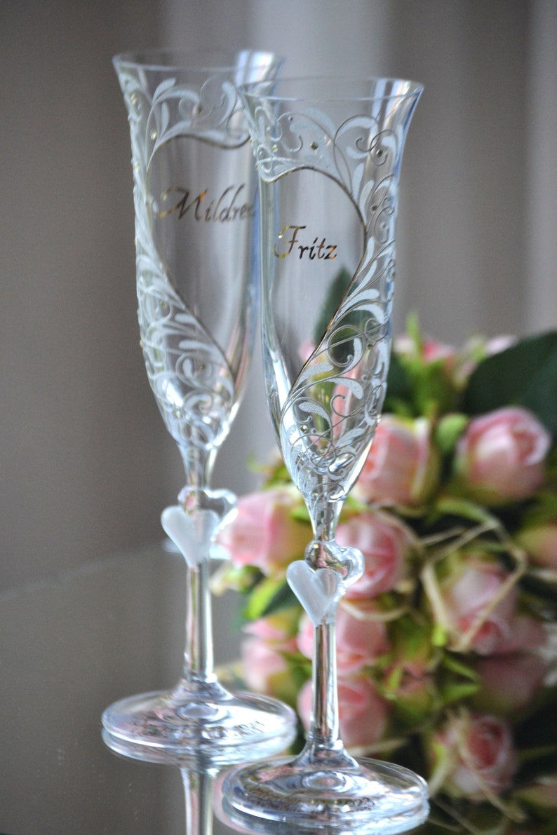 Personalized Wedding Toasting Flutes: Lace Design, Crystal Accents - Etsy