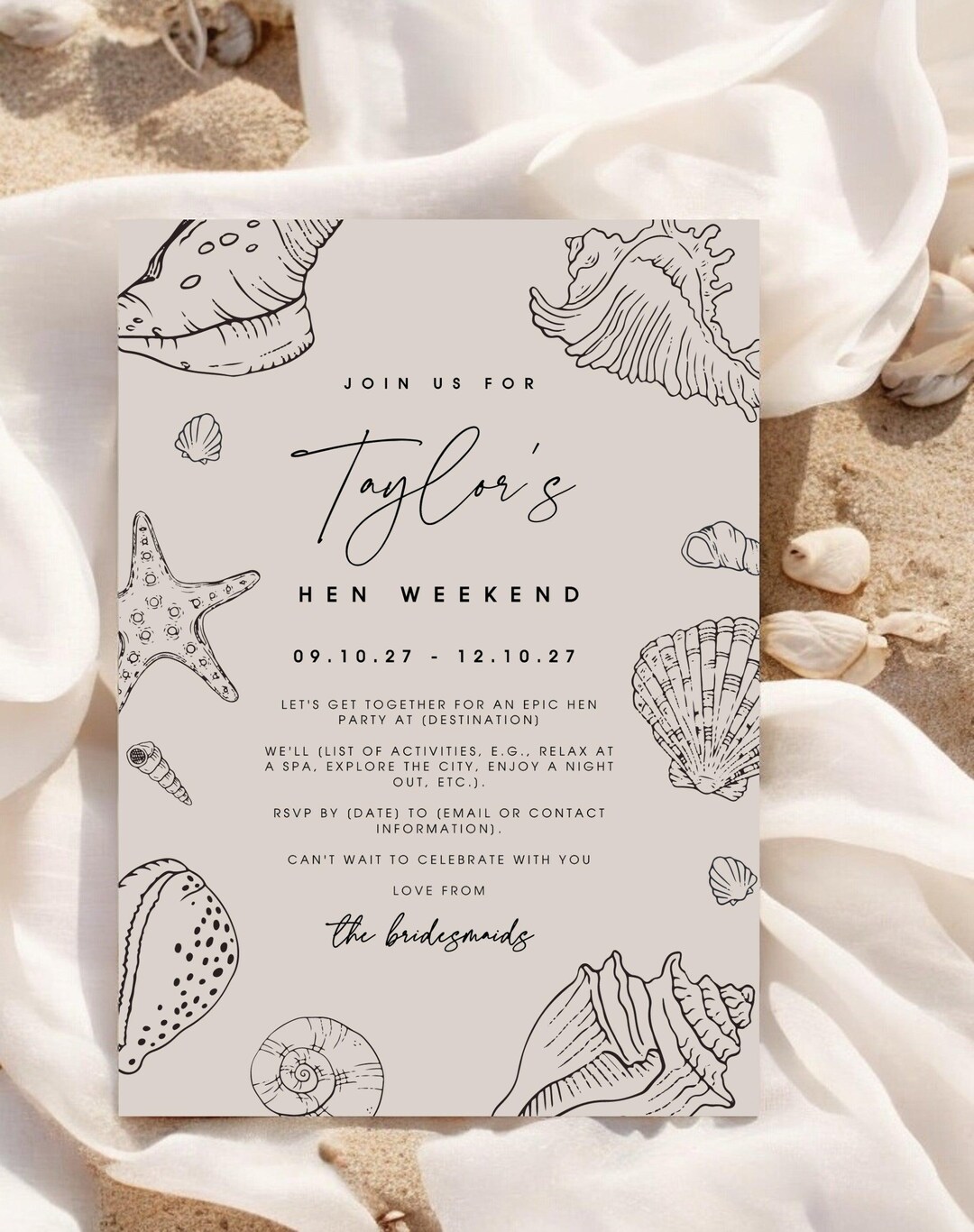 Taylor Shell Hen Itinerary & Invitation Digital Template Canva 5x7 Cell ...