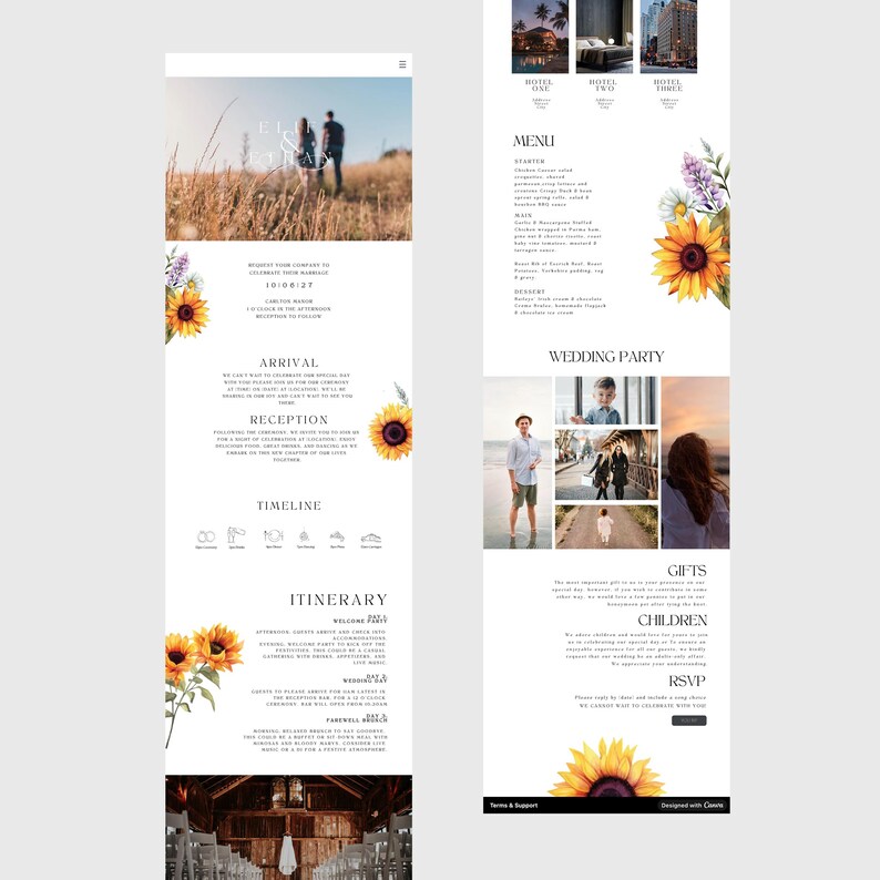 Sunflower Wedding Website Template Canva Rustic Summer Floral RSVP ...