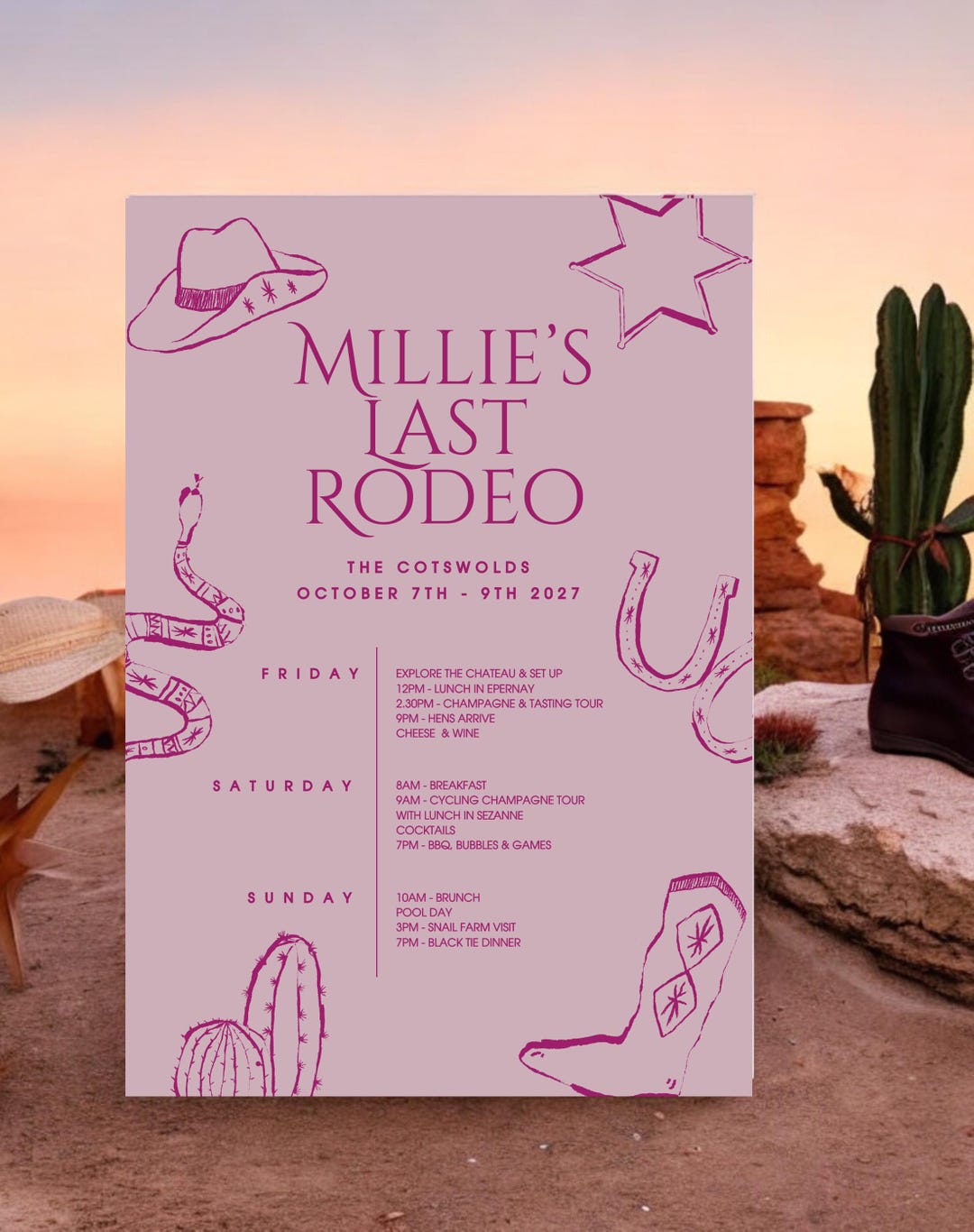 Pink Cowboy Hen Do Itinerary Template | Last Rodeo Theme 5x7" & Cell ...