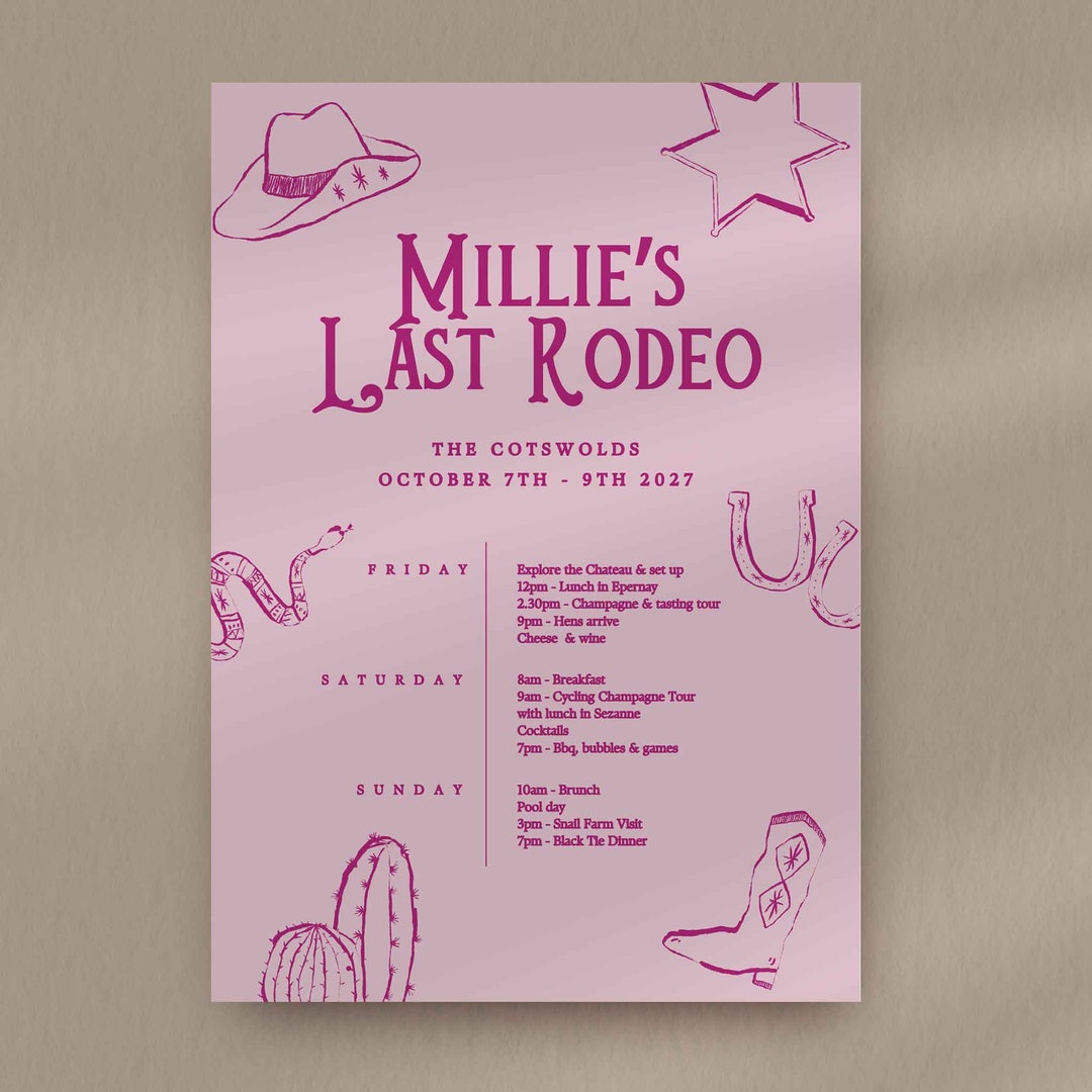 Editable A5 'last Rodeo' Pink Cowboy Hen Do Itinerary Template canva - Etsy