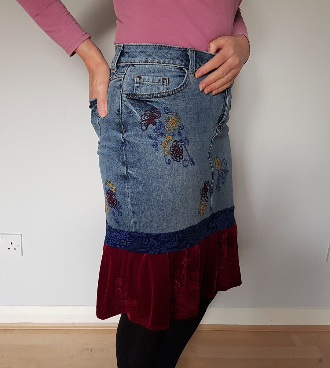 Embroidered Denim Skirt, Upcycled Denim Skirt, Boho Skirts for Women ...