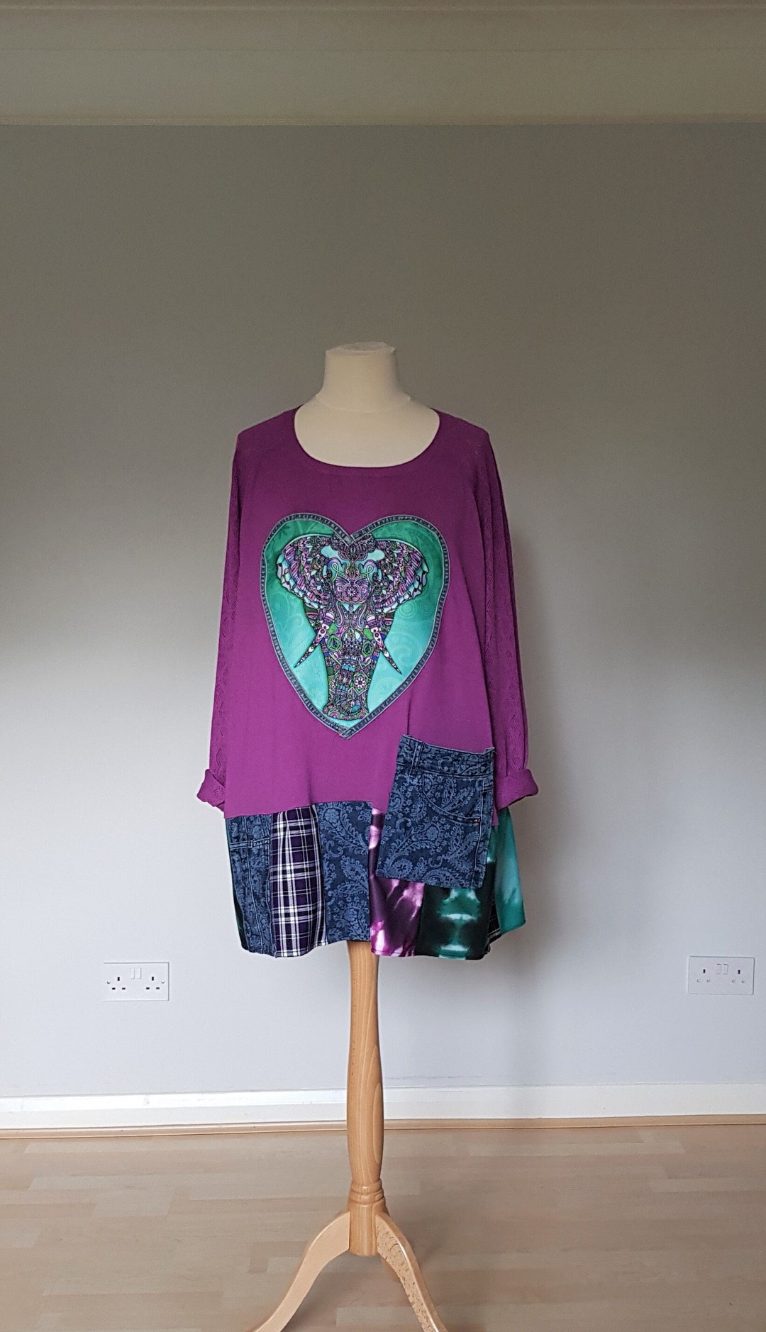 Purple Elephant Top, Boho Upcycle Denim Top, Upcycled Purple Sweater ...