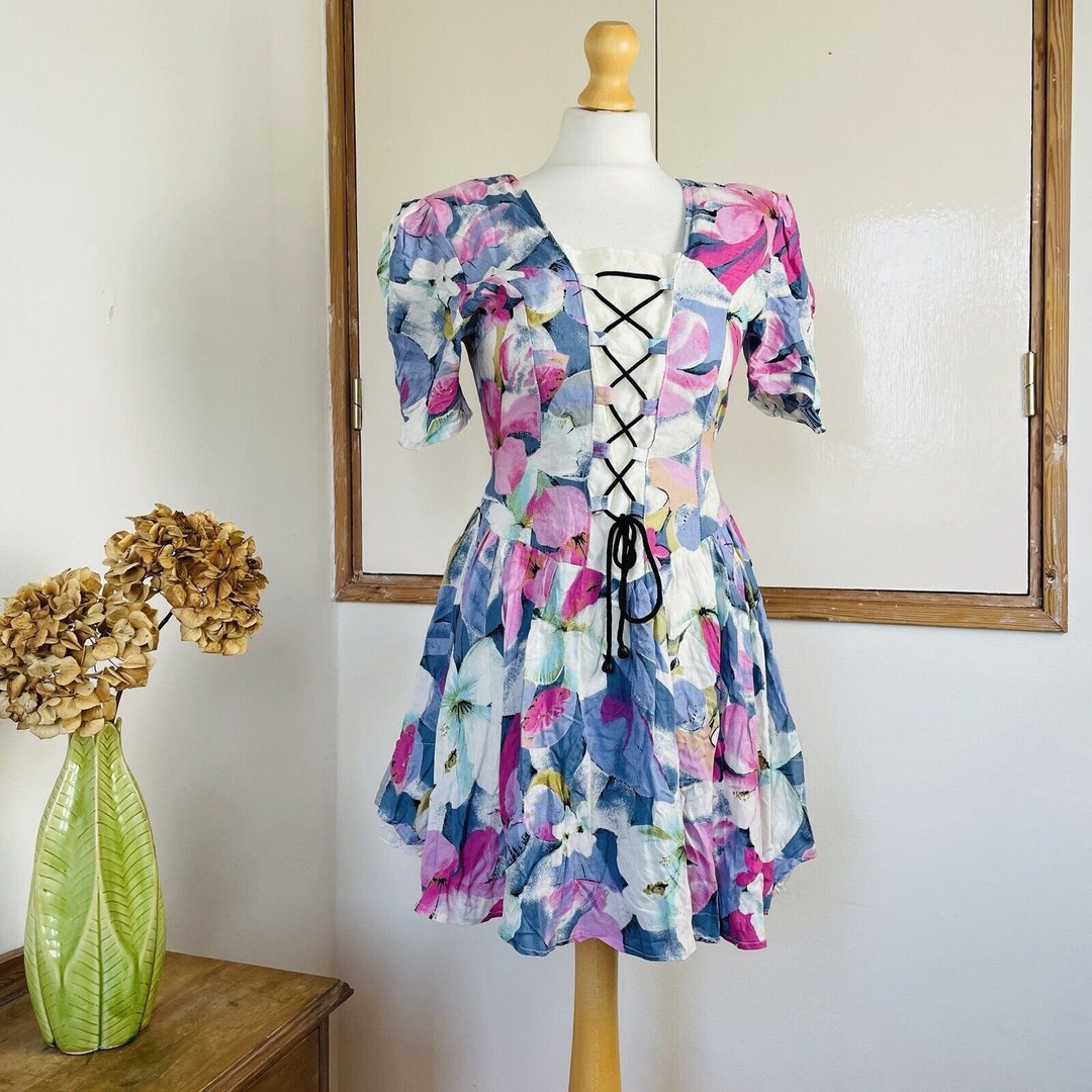 Vintage 80s 90s Pink Purple White Lace up Bodice Flared Ra-ra Dress 10 ...