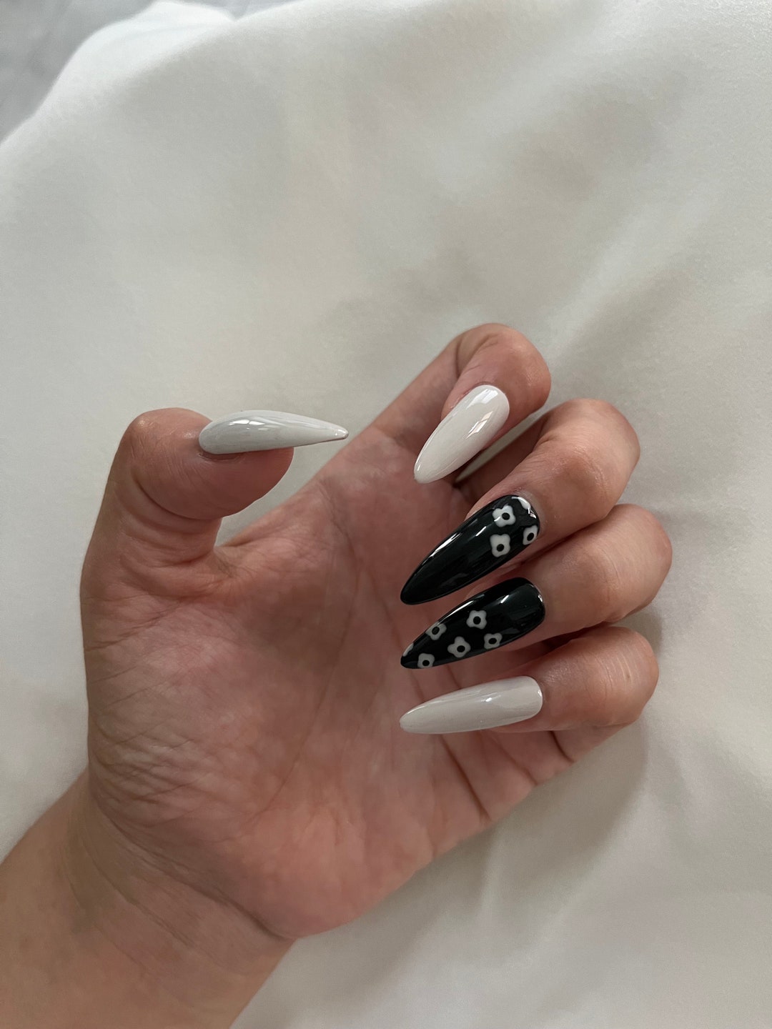 Black and White Nails With Hand Draw Black Flower Press on Nails - Etsy