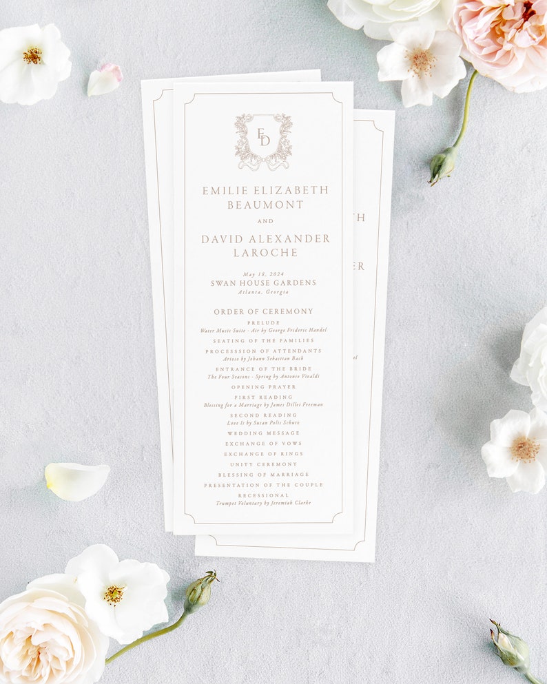 Blush Pink Wedding Program, Elegant Wedding Programs Printed, Monogram ...