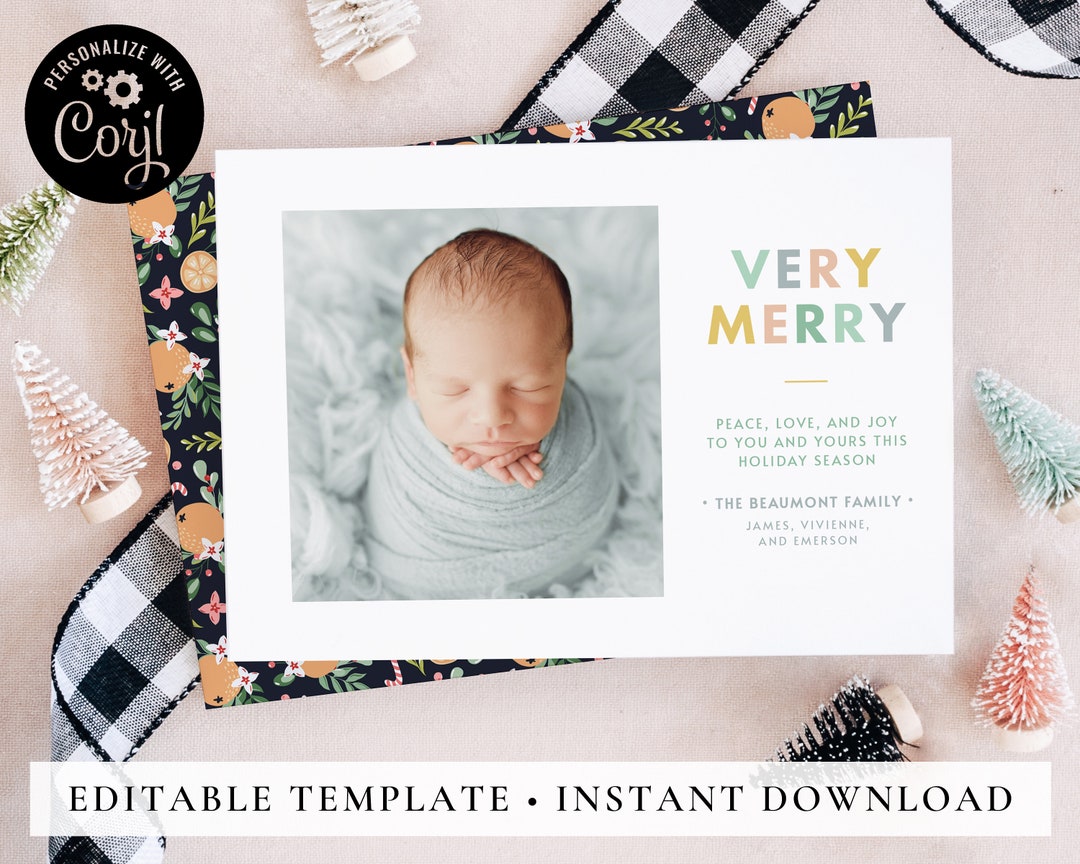 Very Merry Printable Christmas Cards, Modern Christmas Card Template ...