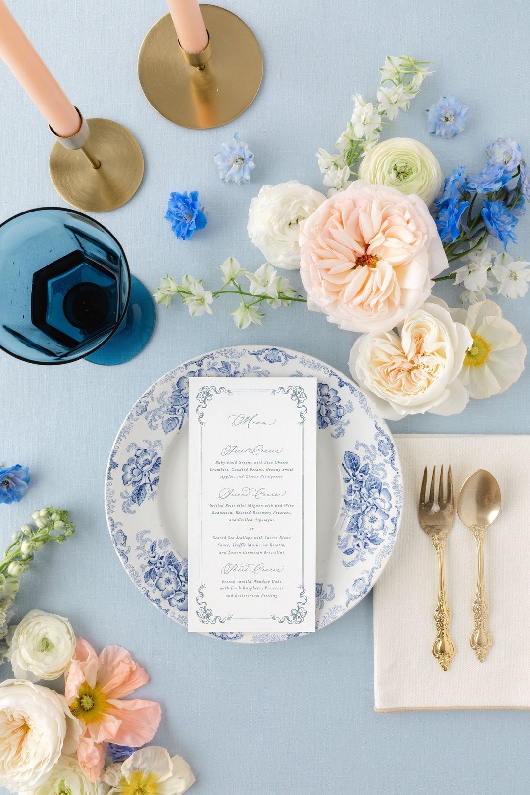 Elegant Wedding Menu Cards With Bows, Dusty Blue Wedding Menus Printed ...
