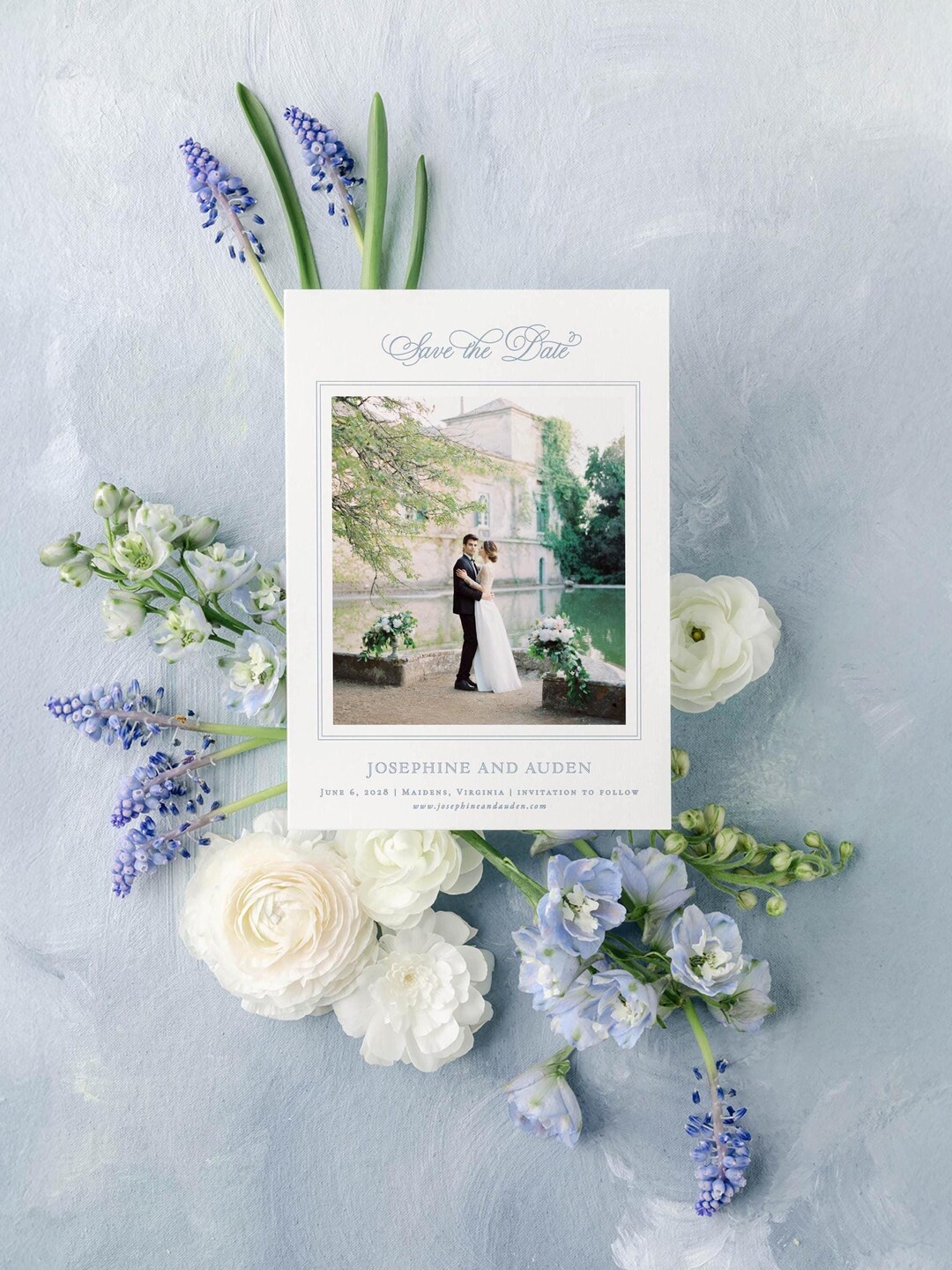 Dusty Blue Wedding Save the Date Cards Printed, Classic Calligraphy ...