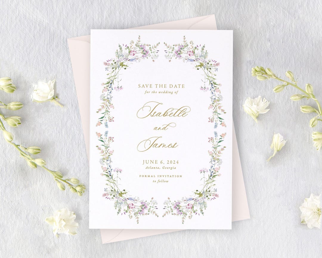 Elegant Save the Date With Floral Wreath, Wildflower Wreath Save the ...