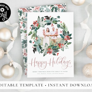 Holly Wreath Christmas Card Template, Printable Christmas Card Digital ...