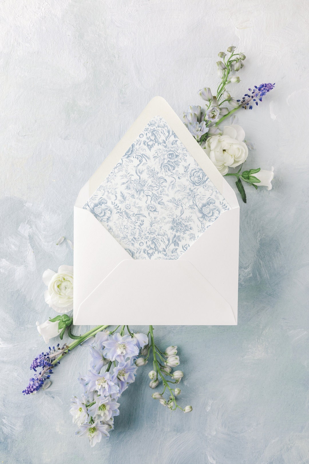 Blue Floral Wedding Invitation Envelopes, Grandmillenial Rose Lined ...