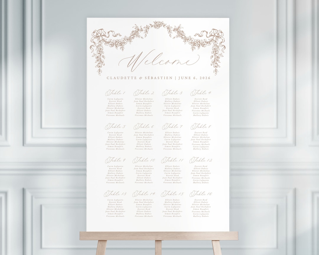English Regency Wedding Seating Chart With Bows, Floral Seating Chart ...