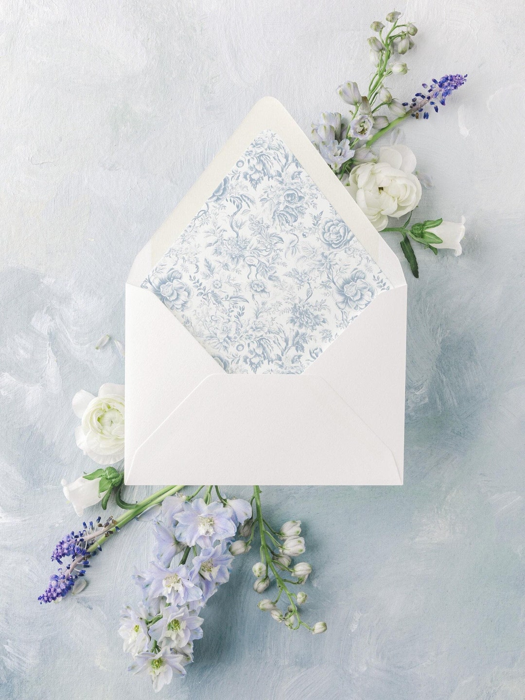Blue Floral Wedding Invitation Envelopes, Grandmillenial Rose Lined ...
