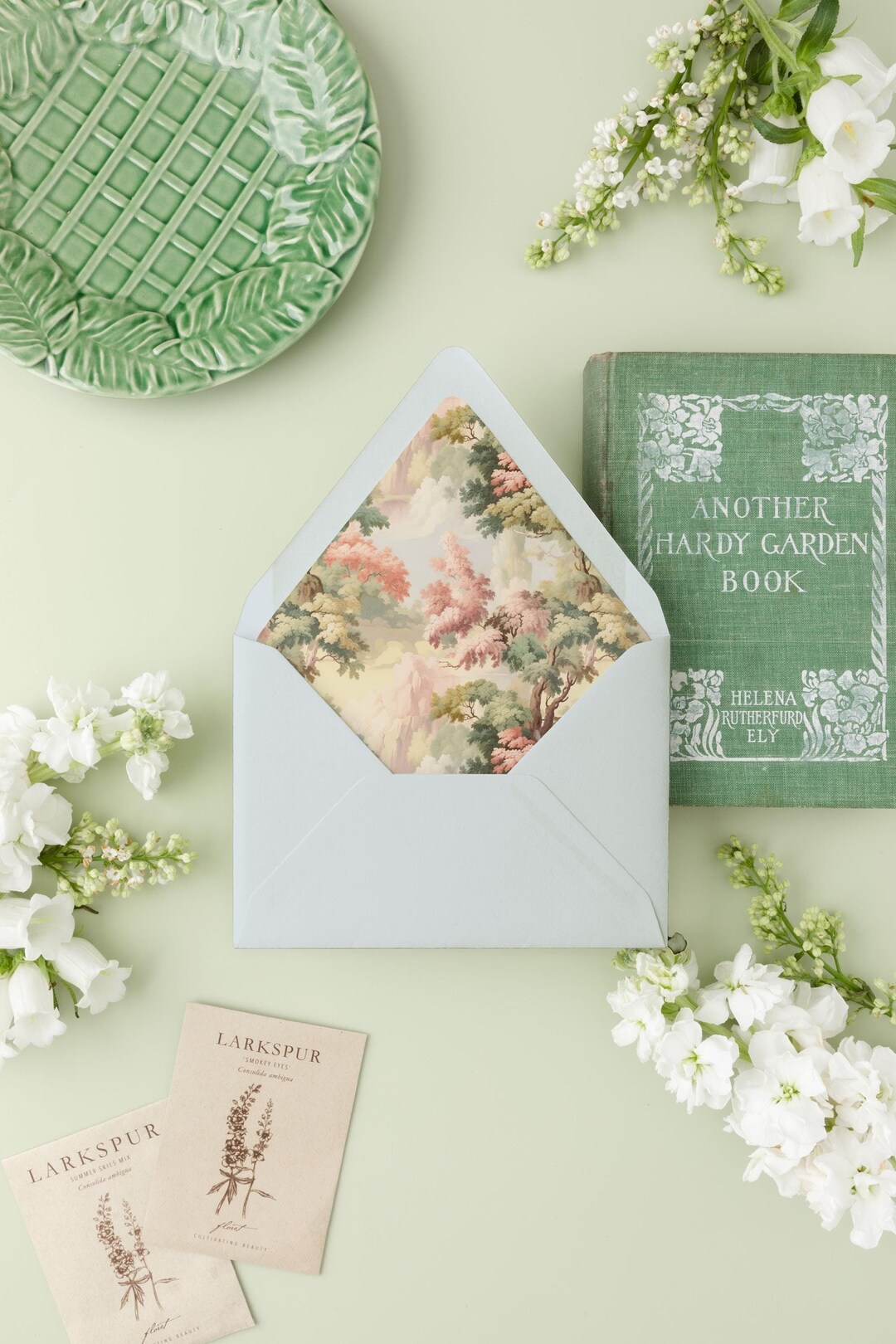 Pink and Green Coquette Envelope Liner, Regency Style Wedding ...