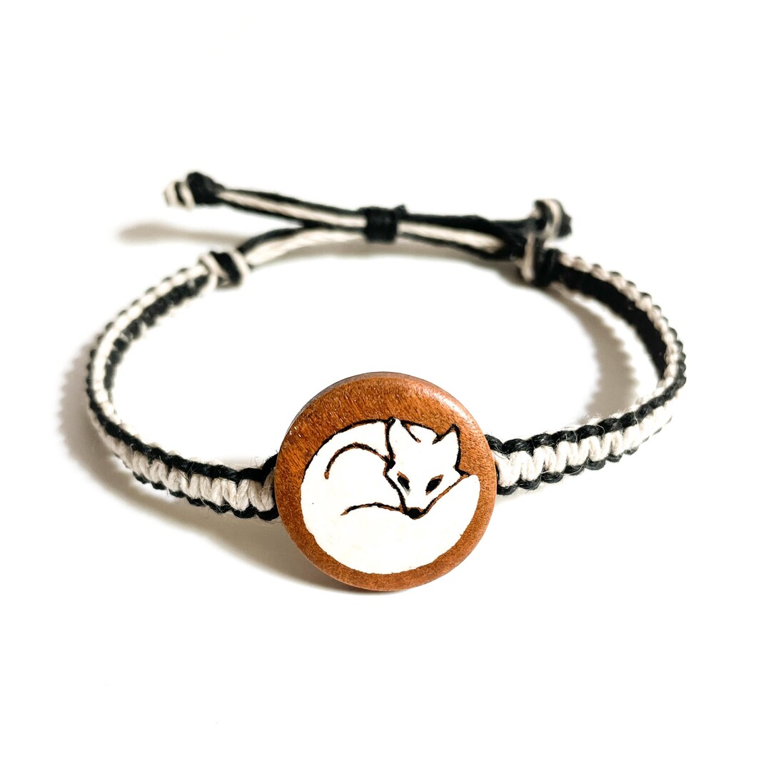 White Arctic Fox Square Knot Bracelet With Hand-painted Wooden Bead - Etsy