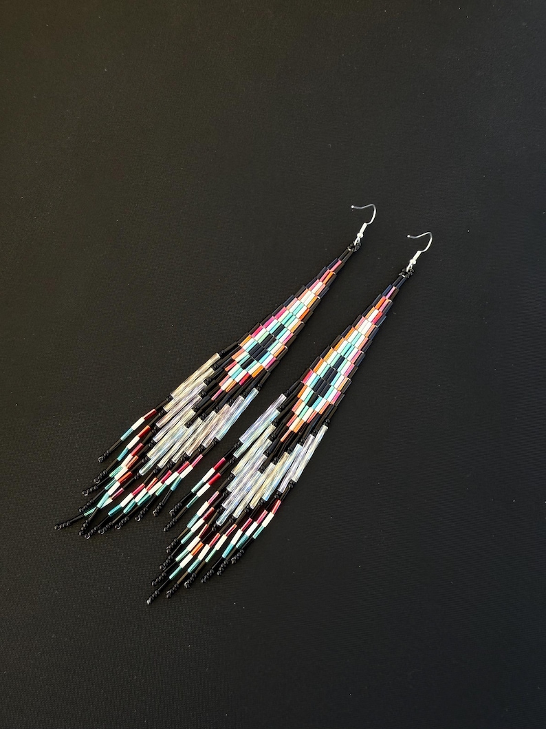 Long Waterfall Glass Beaded Earrings Black,sky Blue,red,white, and ...