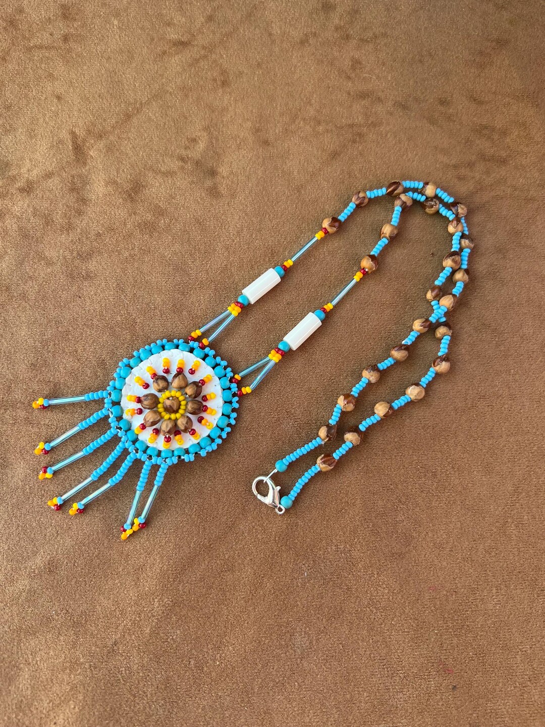 Sky Blue and Fire Color Juniper Berry Seed Medallion Necklace Shorter ...
