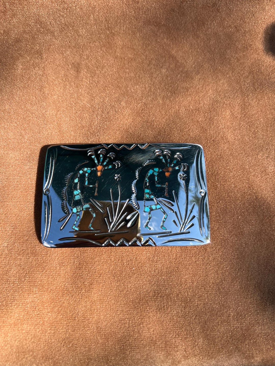 Nickel Silver Belt Buckle With Chip Turquoise and Chip Apple Coral ...