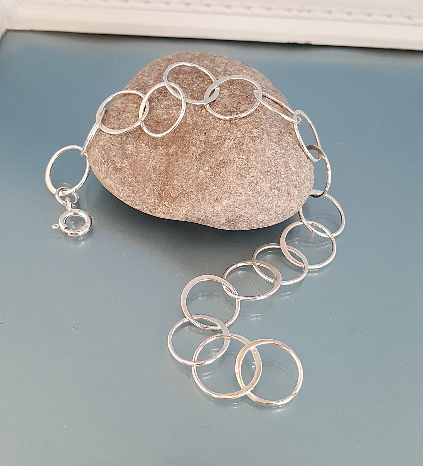 Linked Hoops Silver Bracelet, UK Handmade Silver Circles Chain, Nickel ...