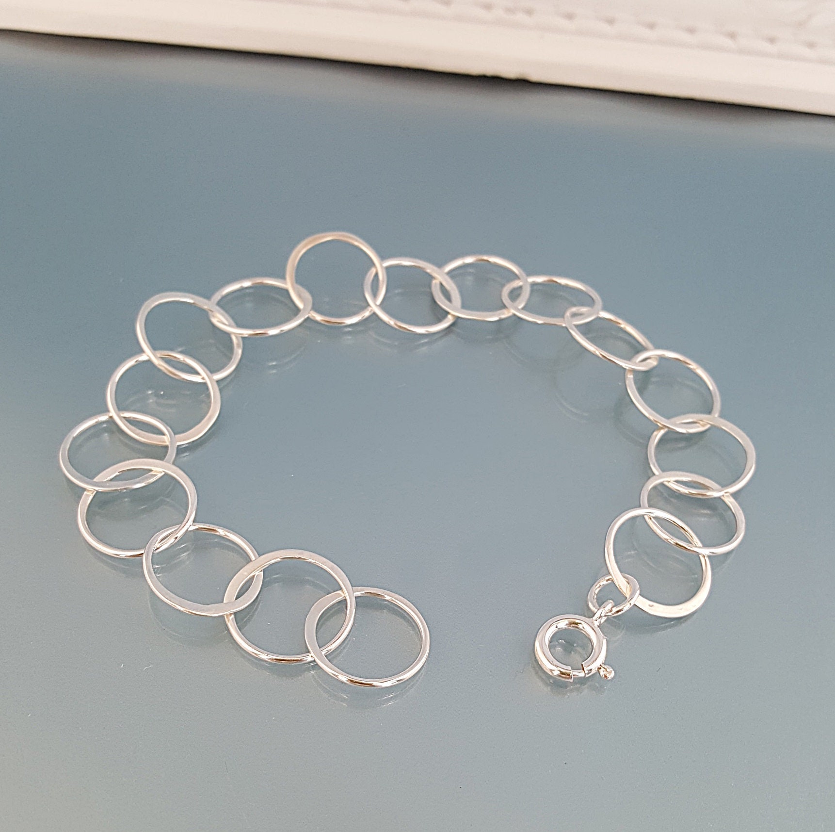 Linked Hoops Silver Bracelet, UK Handmade Silver Circles Chain, Nickel ...