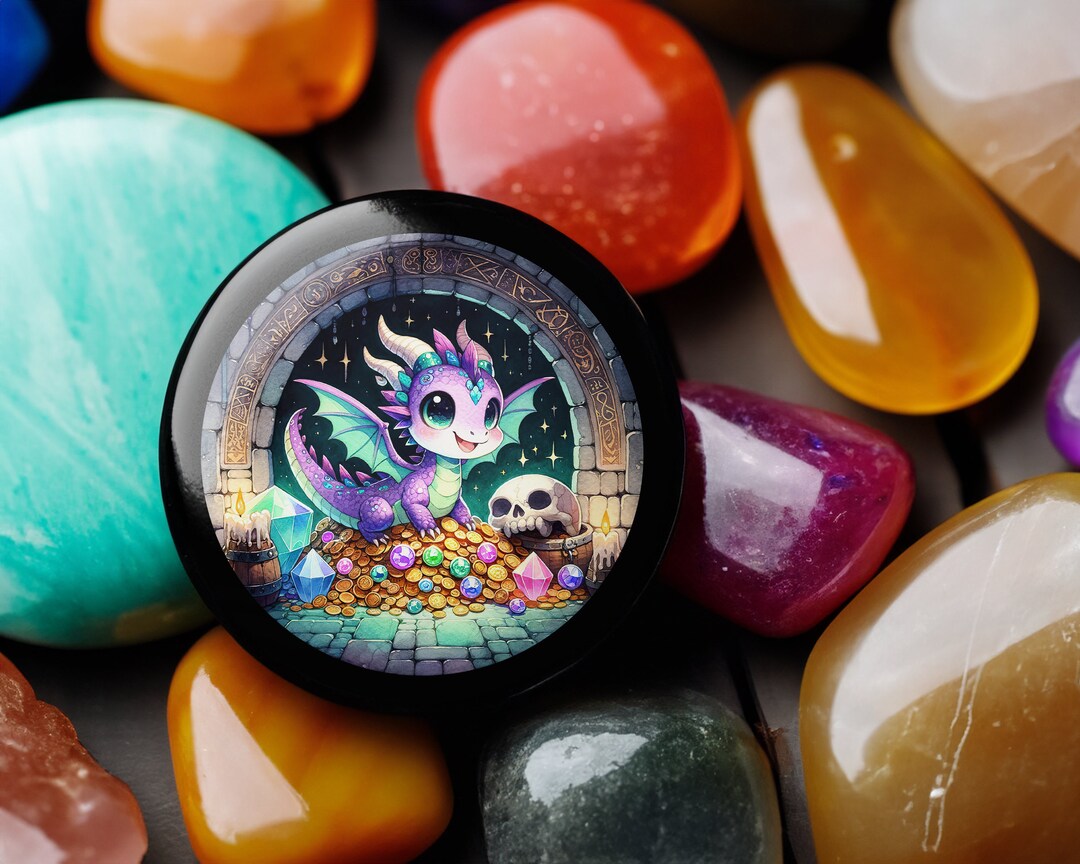 Tiny Cute Dragon on Treasure Hoard RPG Dnd Button Pin, Keychain, Zipper ...