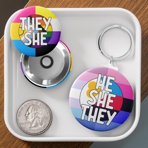Custom Triple Pride Flag Pronoun Button - Pin, Keychain, Magnet, or Zipper Pull - Etsy
