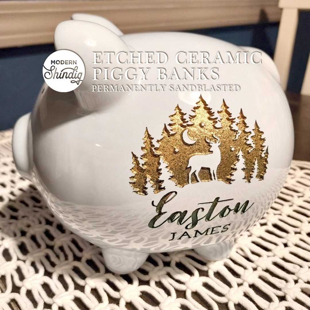 Personalized Ceramic Piggy Bank With Engraving, Sandblasted Design ...