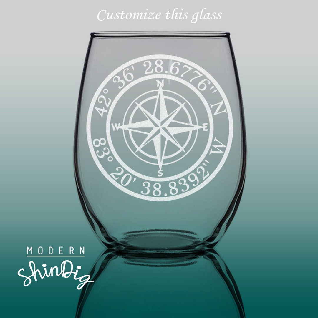 Etched Compass Coordinates Stemless Wine Glass - Custom Travel Gift - Etsy