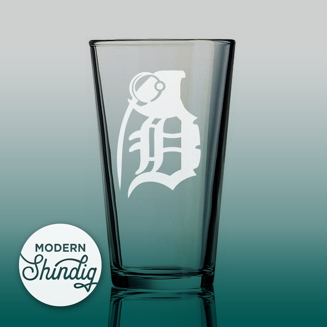 Etched Detroit Old English D Grenade Glass: Sandblasted Beer or Wine ...