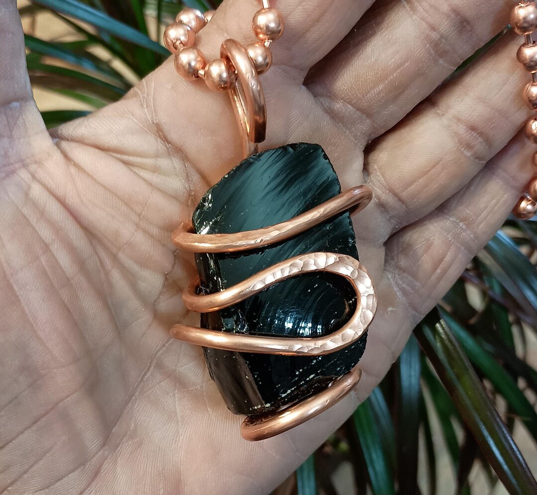 Black Obsidian Pendant, Black Stone Jewelry, Unisex Pendant, Wire ...