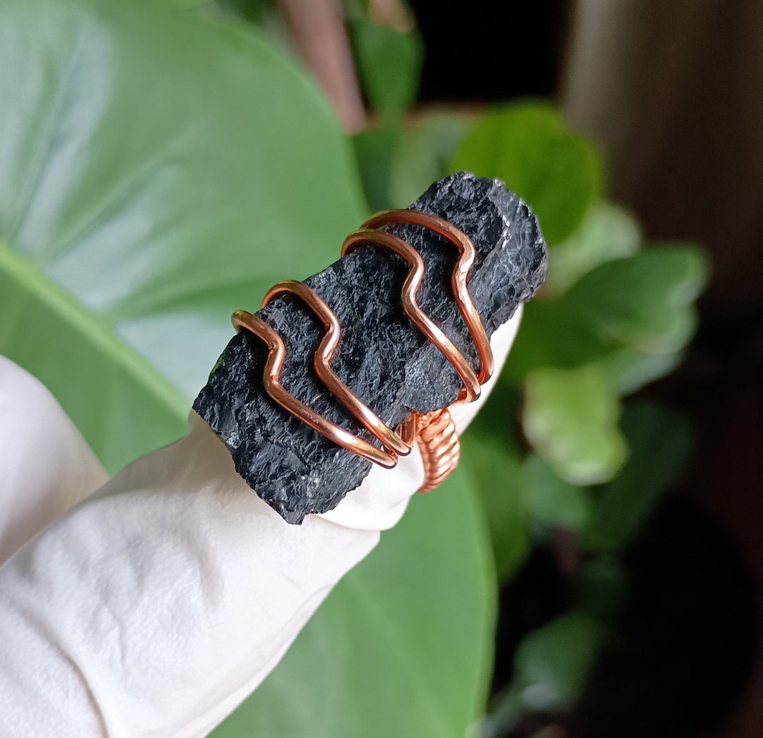 Black Tourmaline Wire Wrapped Copper Ring, Hand Hammered Statement Ring ...