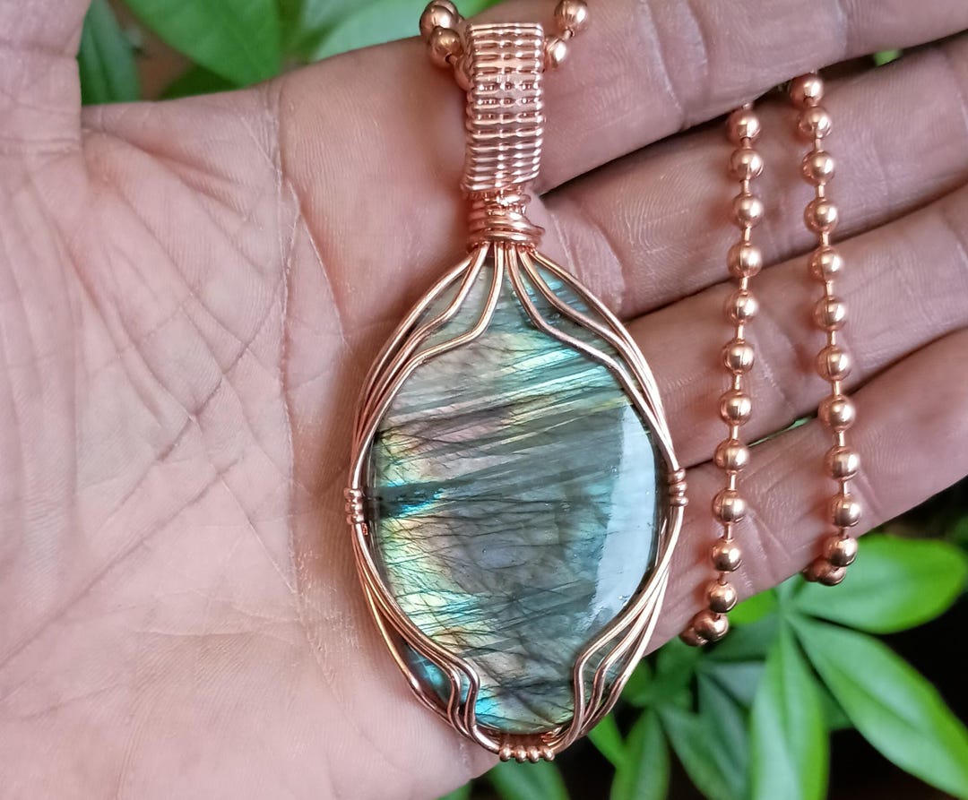 3.25 Blue Labradotite Quartz Pendant Necklace Wire Wrapped in Copper ...