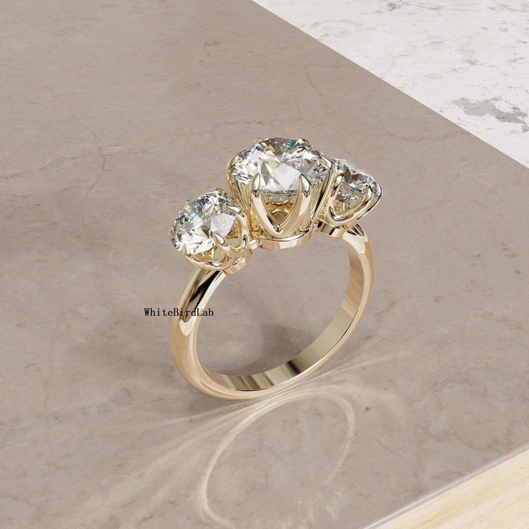 Three Stone Engagement Ring, 3 Stone Round Lab-grown Diamond Ring, Art ...