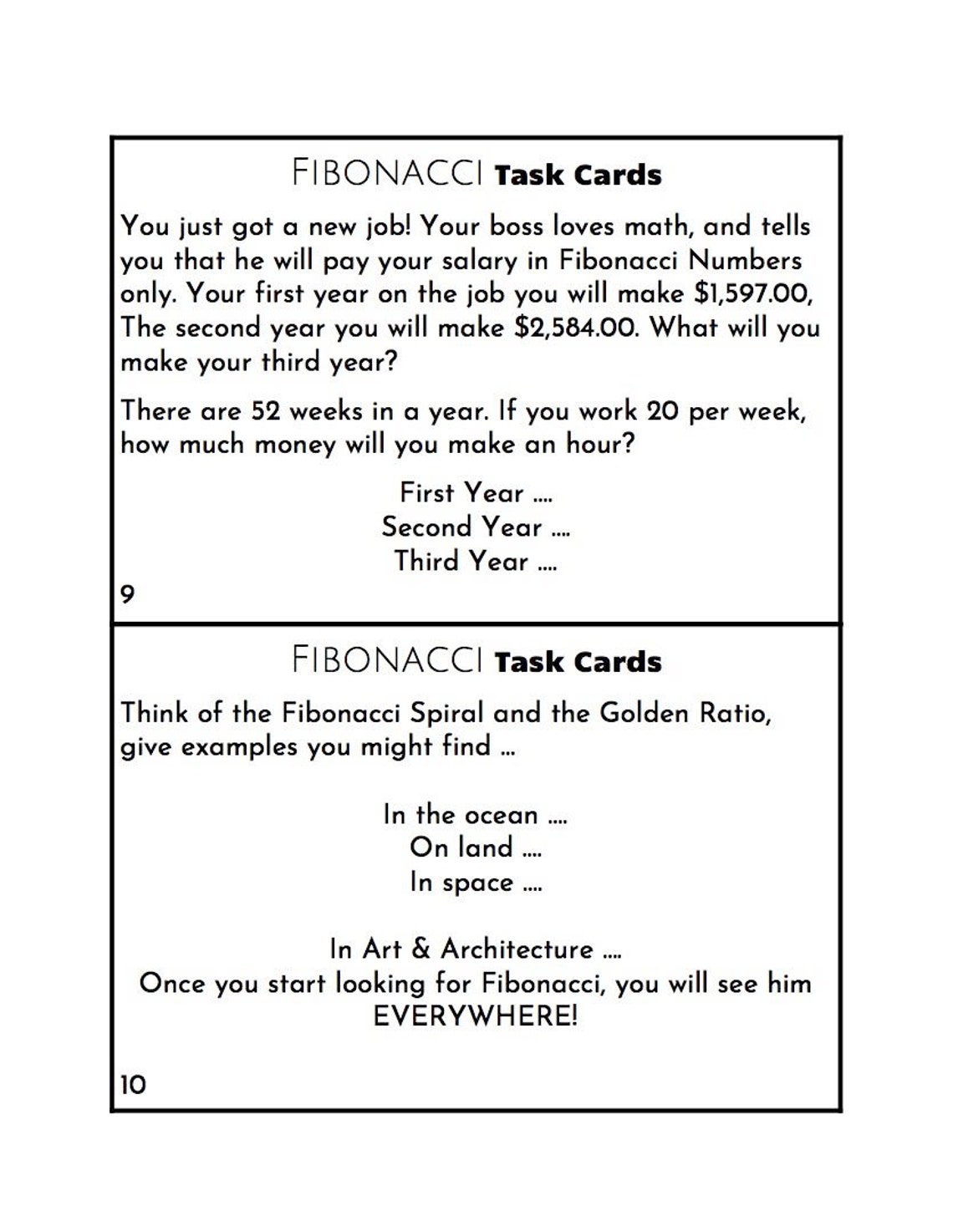 Fibonacci Task Cards - Etsy