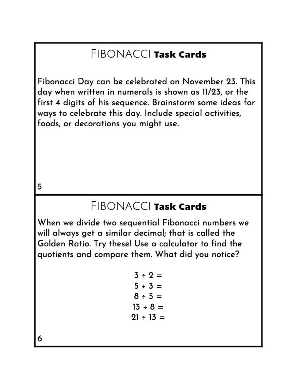 Fibonacci Task Cards - Etsy