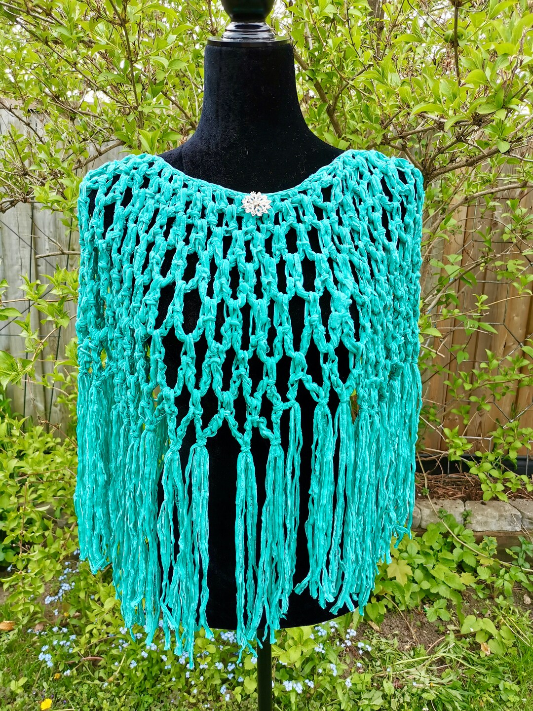 Turquoise Ribbon Crochet Cape, Crochet Poncho With Fringe, Crochet ...
