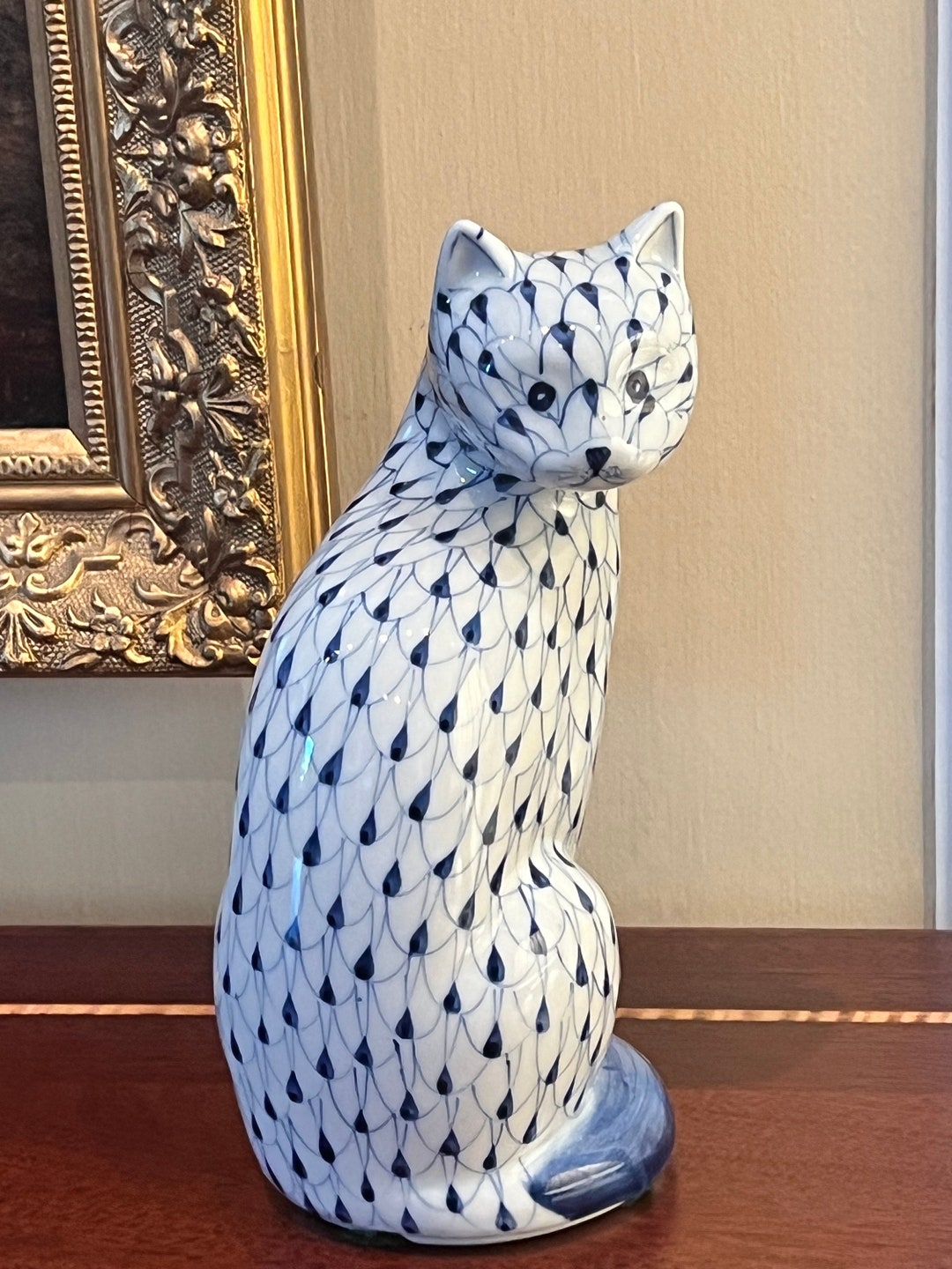 Andrea by Sadek Hand Painted Blue on White Fishnet Cat - Etsy