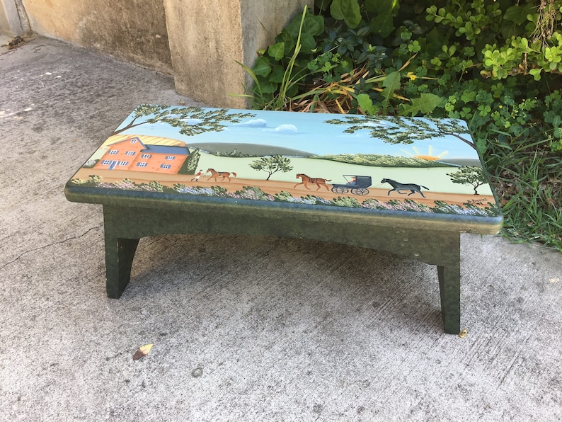 Handmade Painted Wooden Stool Country Scene - Etsy