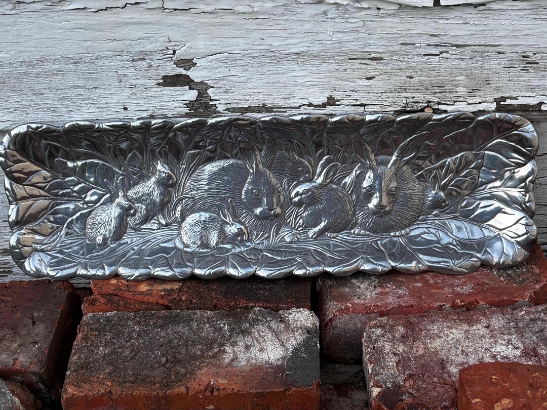 Arthur Court 1990 Cast Aluminum Bunny Rabbit Family Oblong Serving Tray ...
