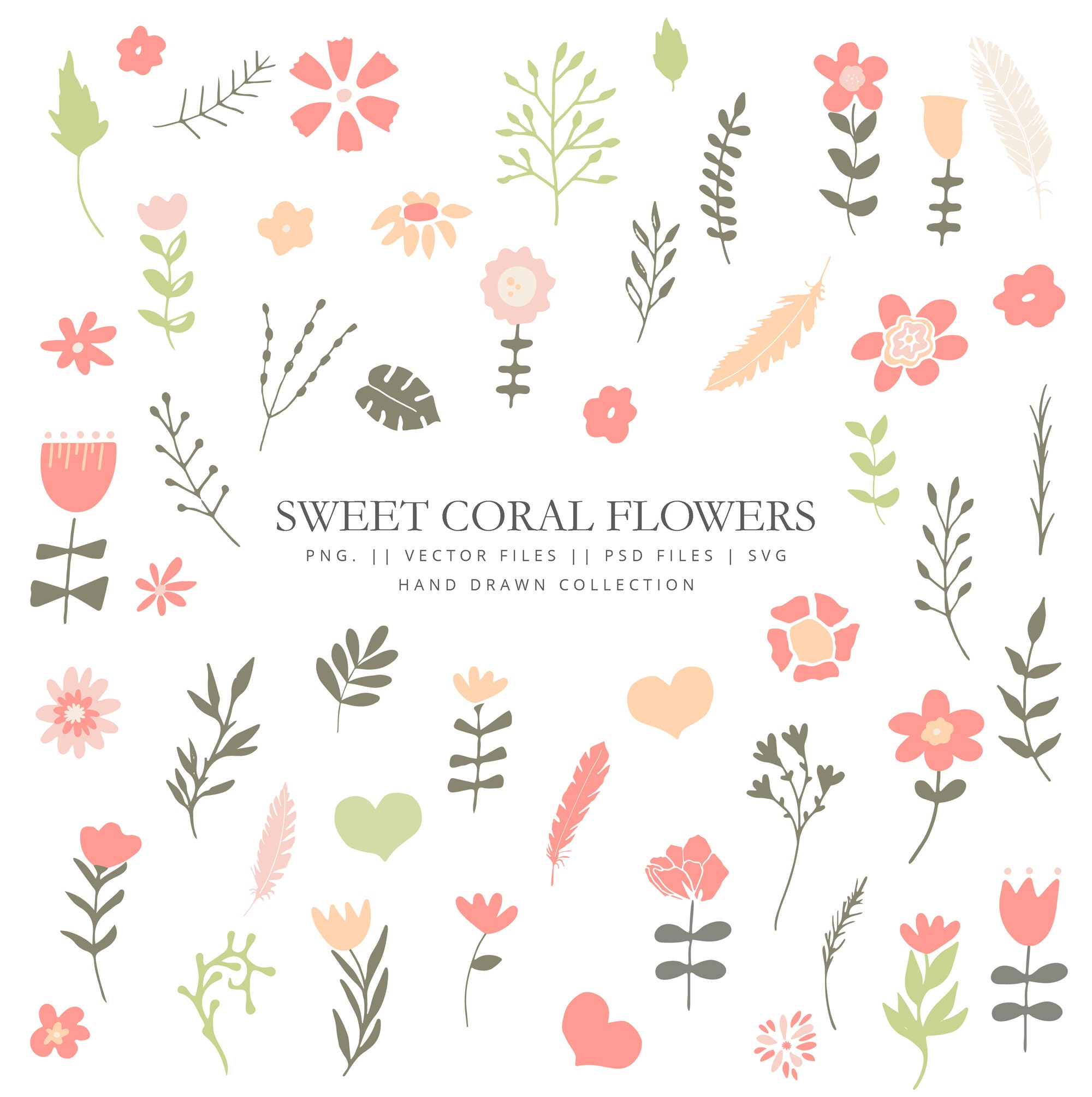 Clip Art With Doodle Flowers, Sweet Coral Flowers, Leaves and Branches ...