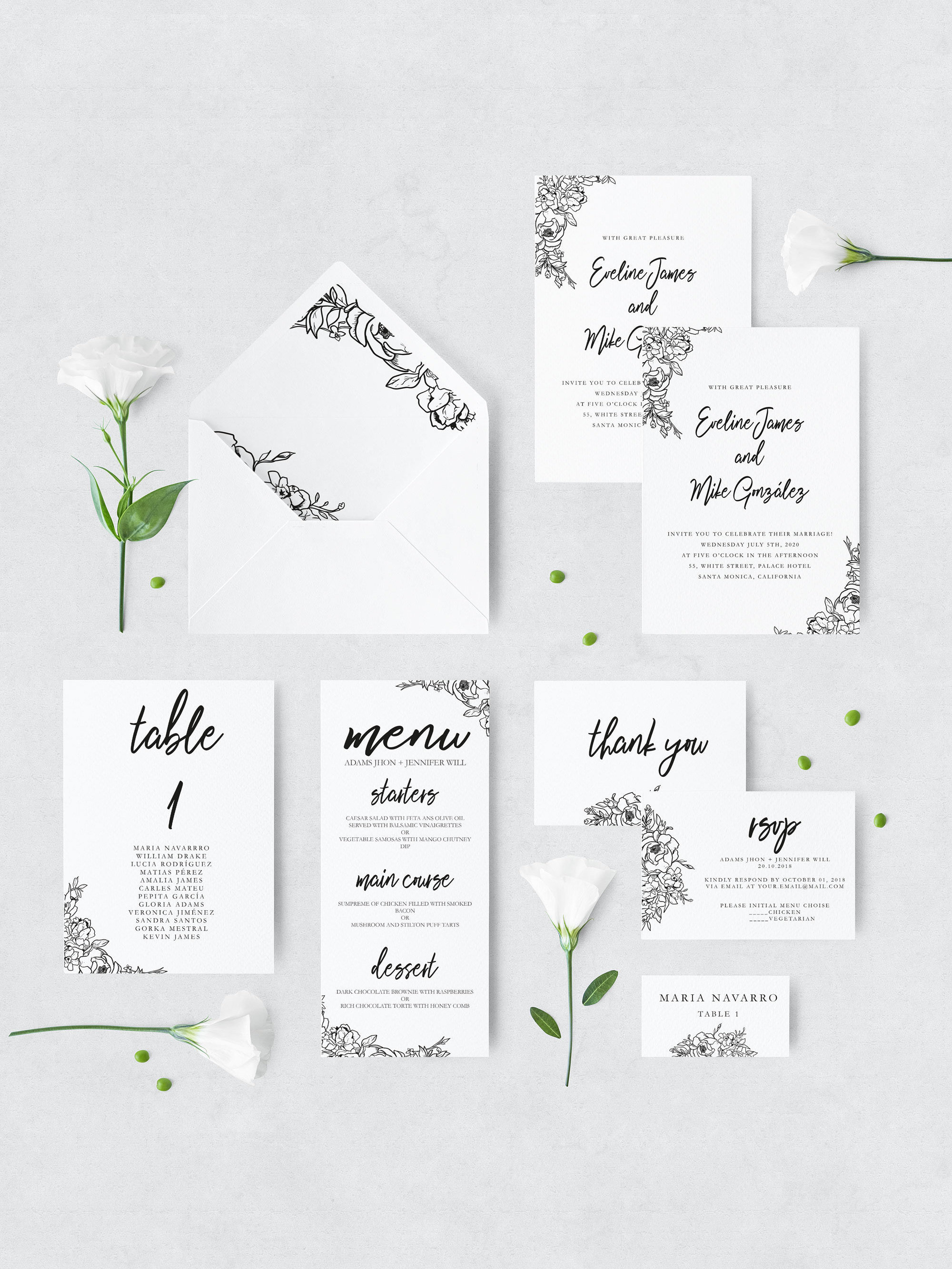 pack-wedding-stationery-with-lineartflowers-menu-pdf-thank-you-card