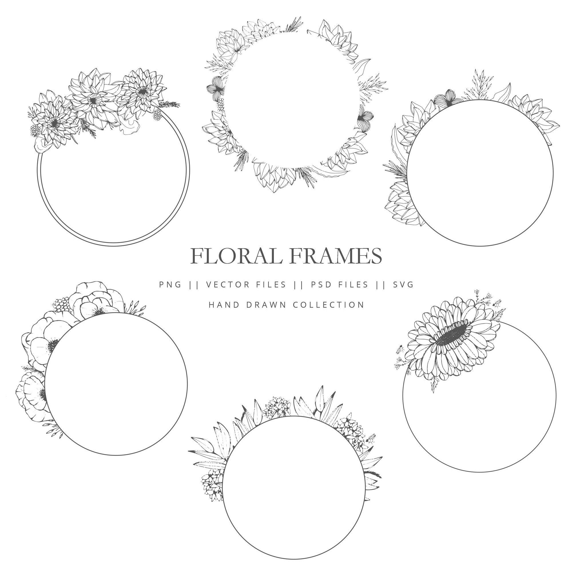 Clip Art With 43 Round Floral Frames Hand Drawn, Floral Frames, Round ...