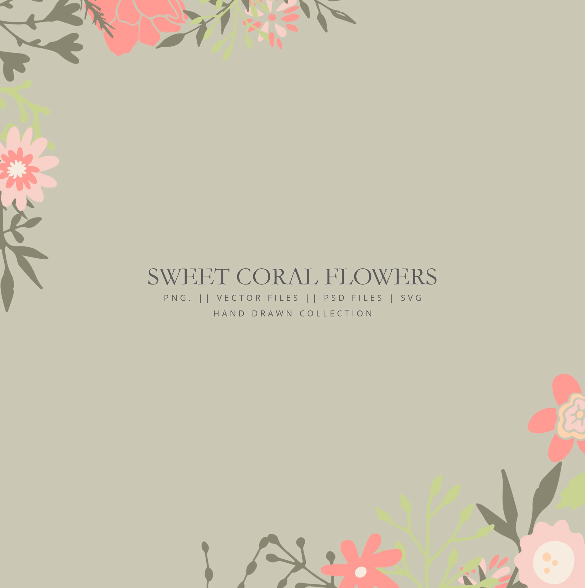 Clip Art With Doodle Flowers, Sweet Coral Flowers, Leaves and Branches ...